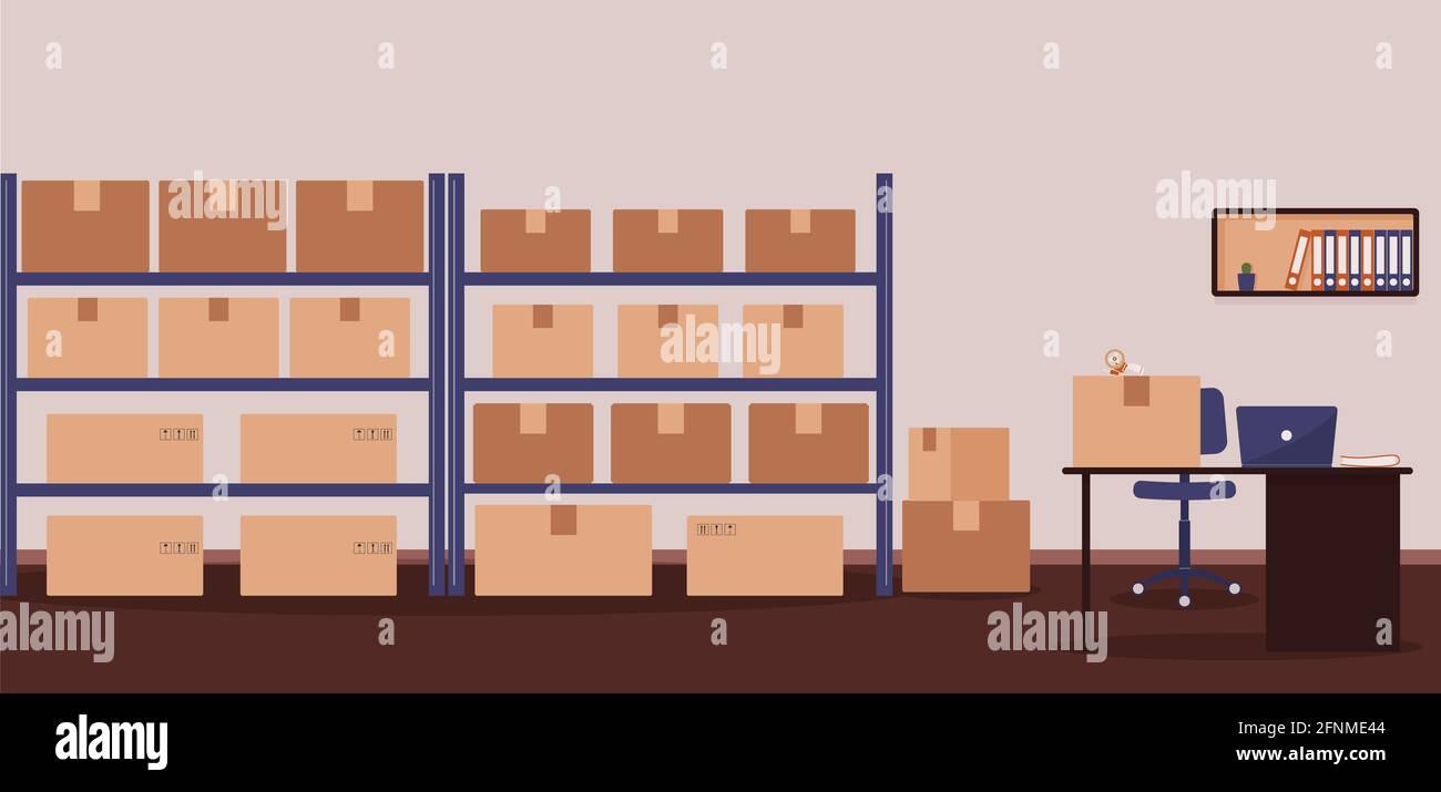 Warehouse: racks with boxes and workplace of warehouse manager ...