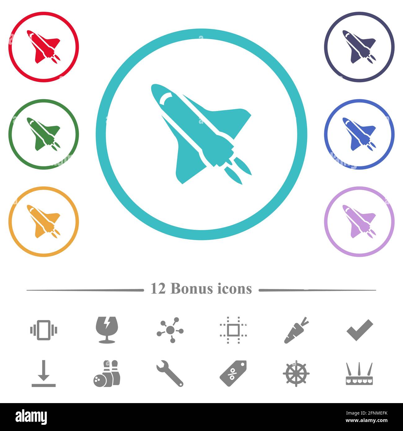 Space shuttle with propulsion flat color icons in circle shape outlines. 12 bonus icons included ...