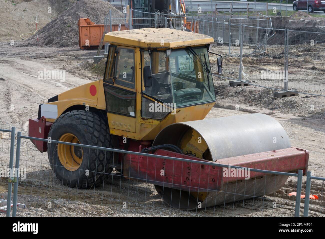 Steamroller, on a construction site during leveling work on a road ...