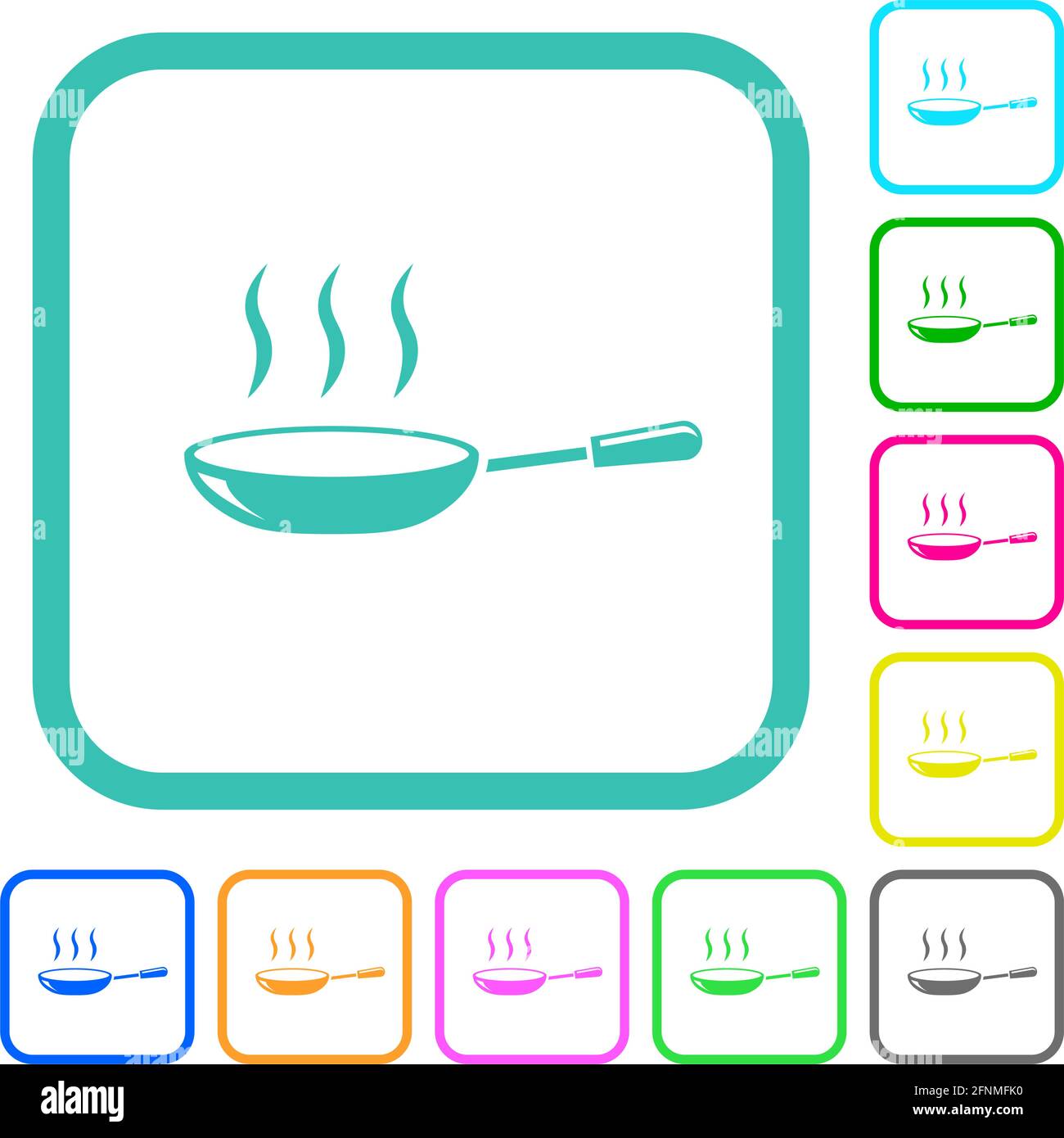 Glossy steaming frying pan vivid colored flat icons in curved borders ...