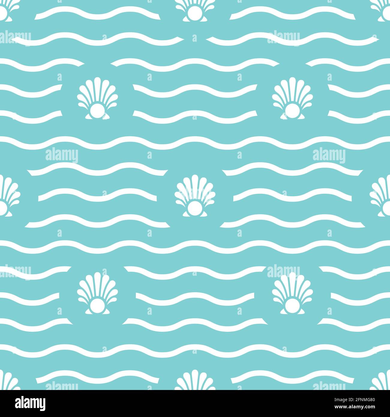 Seamless wavy pattern with sea shell and pearl on powder blue ...