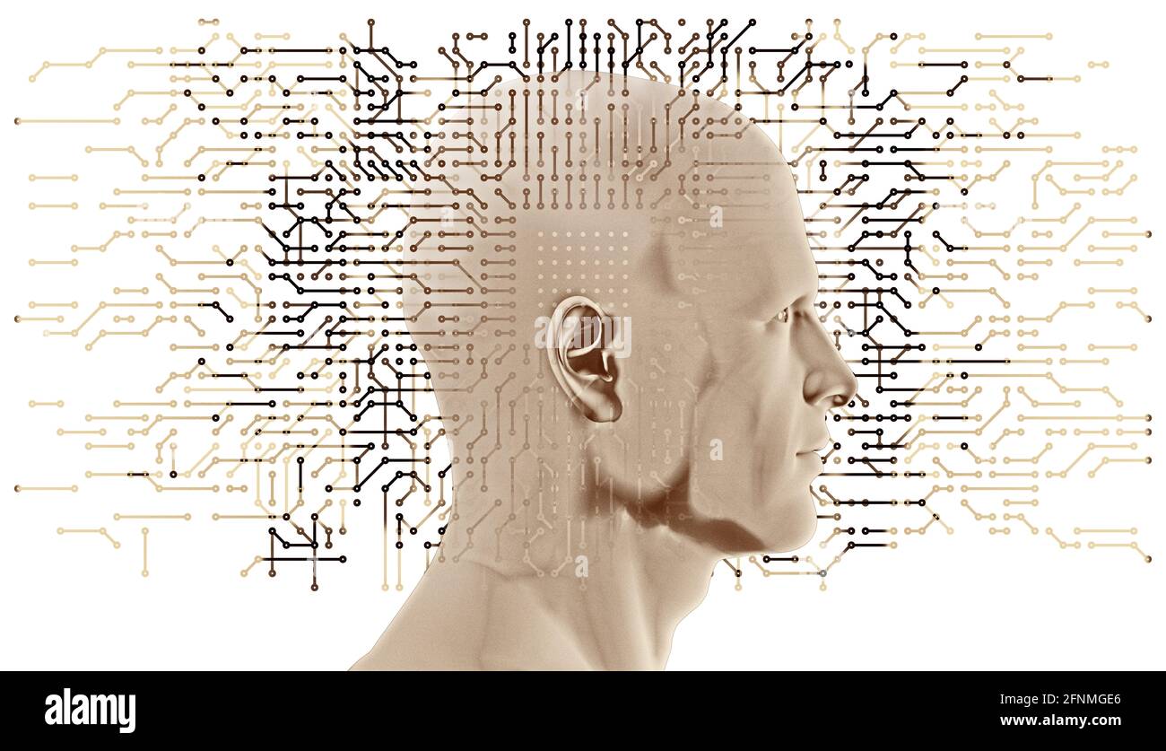 A head side profile overlaid with a computer CPU grid and various sized ...