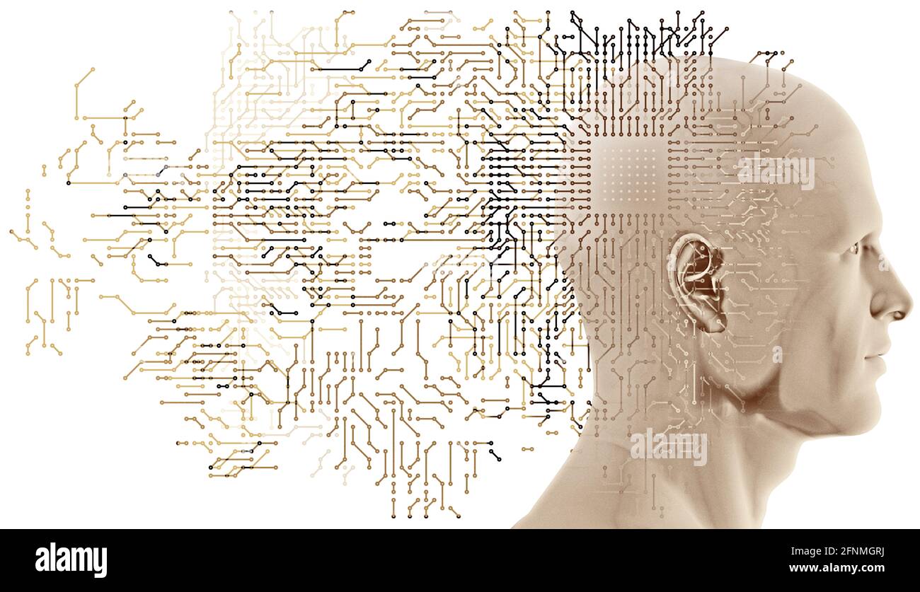 A head side profile overlaid with a computer CPU grid and various sized ...