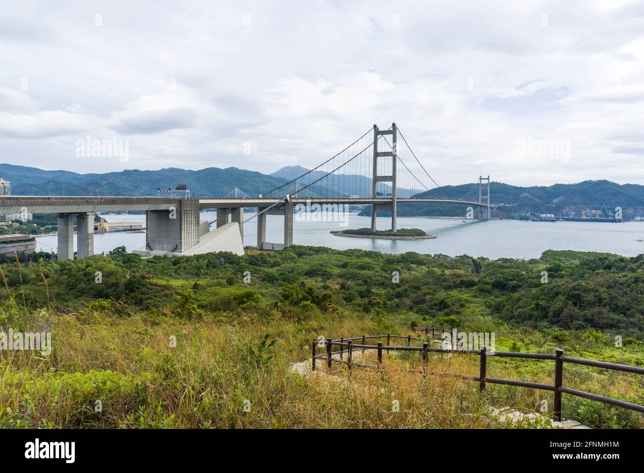 Tsing Ma Bridge with Gloomy Sky. It is a suspension Bridge between Ma ...