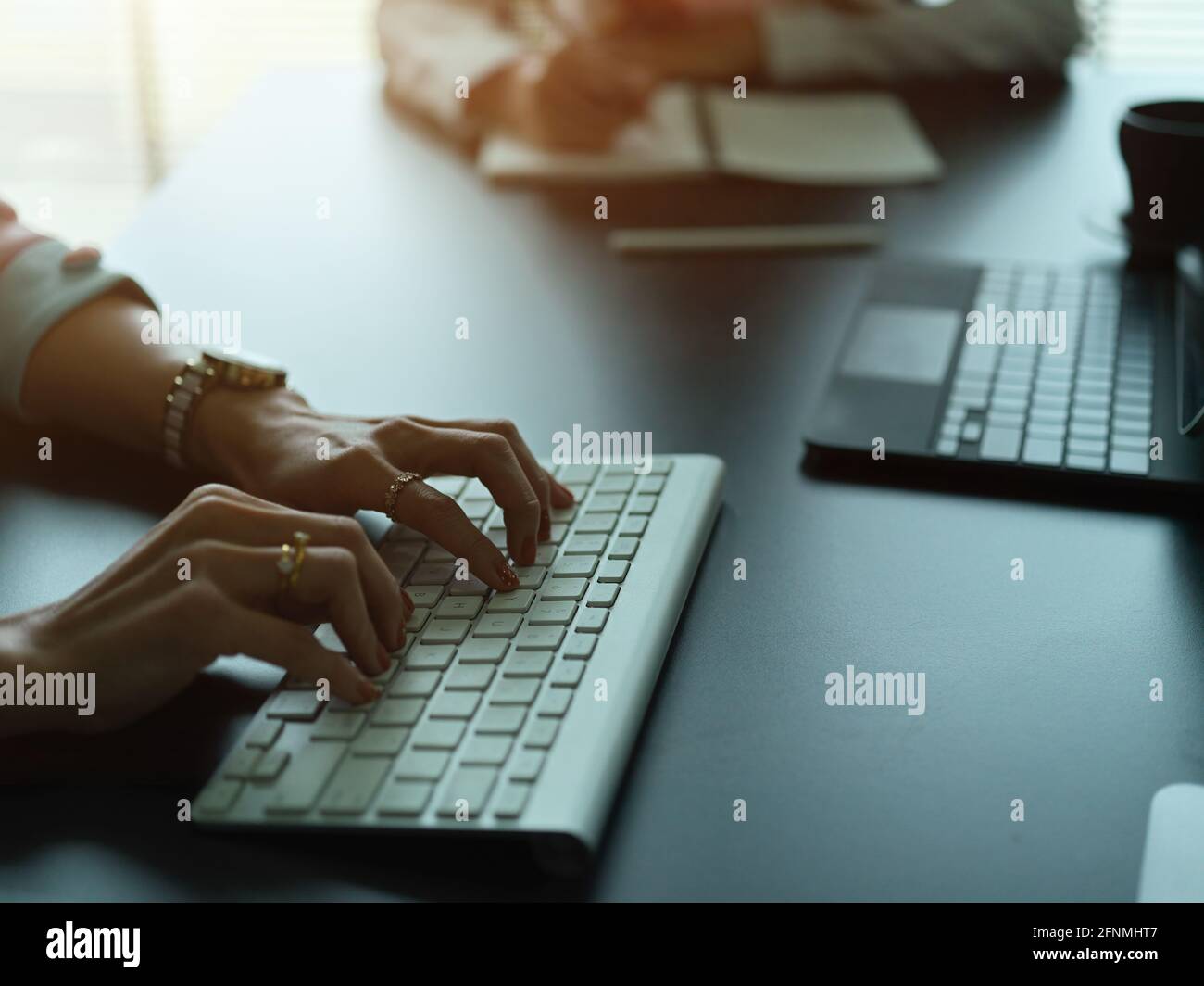 Side view of female hands typing on wireless computer keyboard on ...