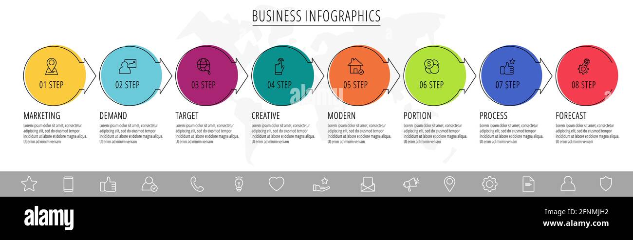 Vector infographics or timeline eight circles cards connected by arrows ...
