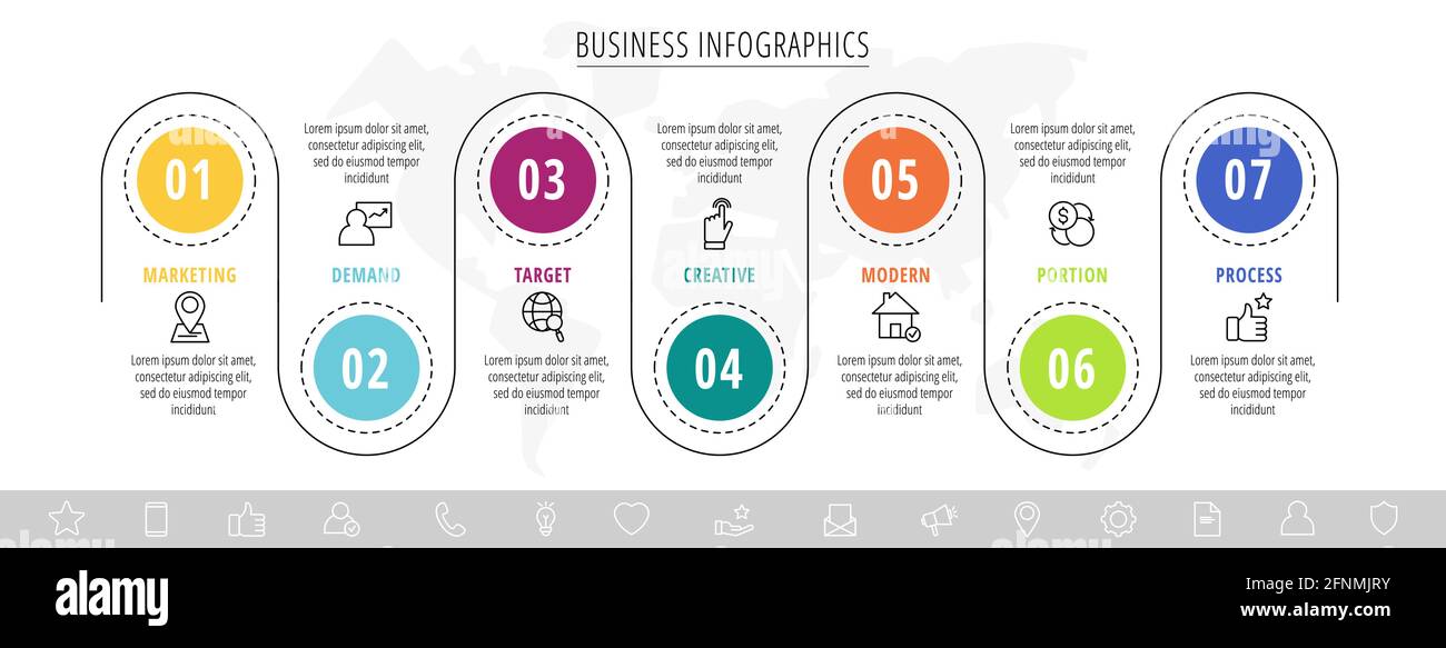 Modern and line vector infographic with icons and seven steps. Circles ...