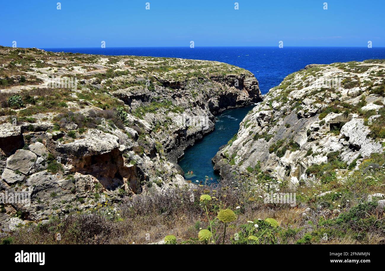 GOZO, MALTA - Jun 27, 2015: The coastal drowned valley or ria of Wied ...