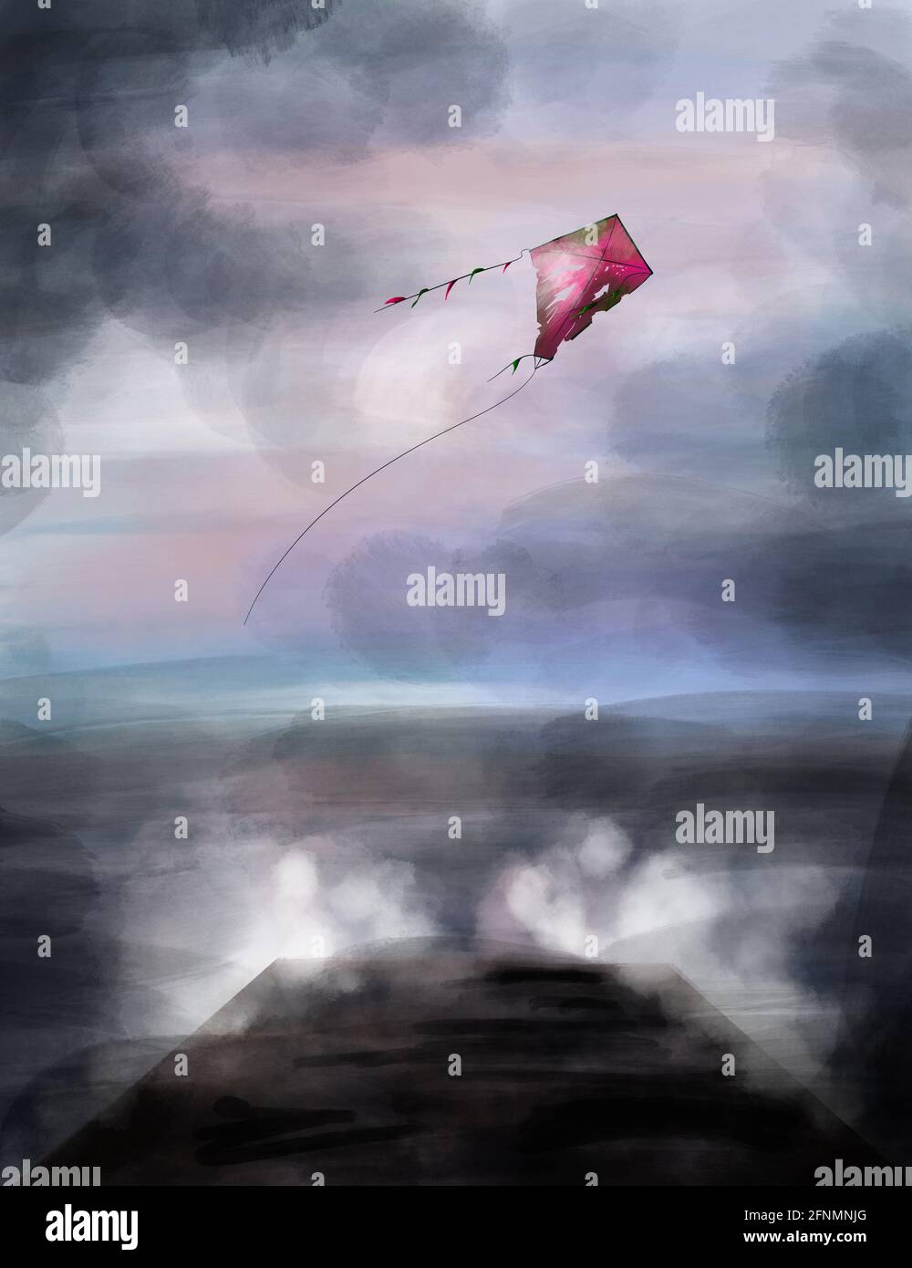 Dark digital illustration with little red kite Stock Photo - Alamy