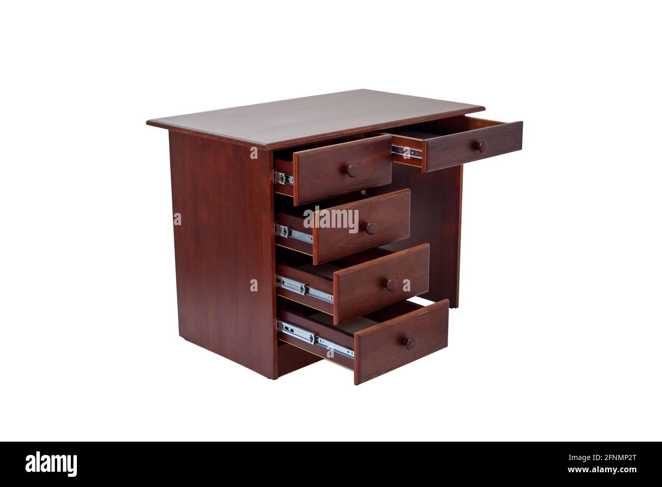 Classic brown desk with an open drawers, side view, isolated on a white ...