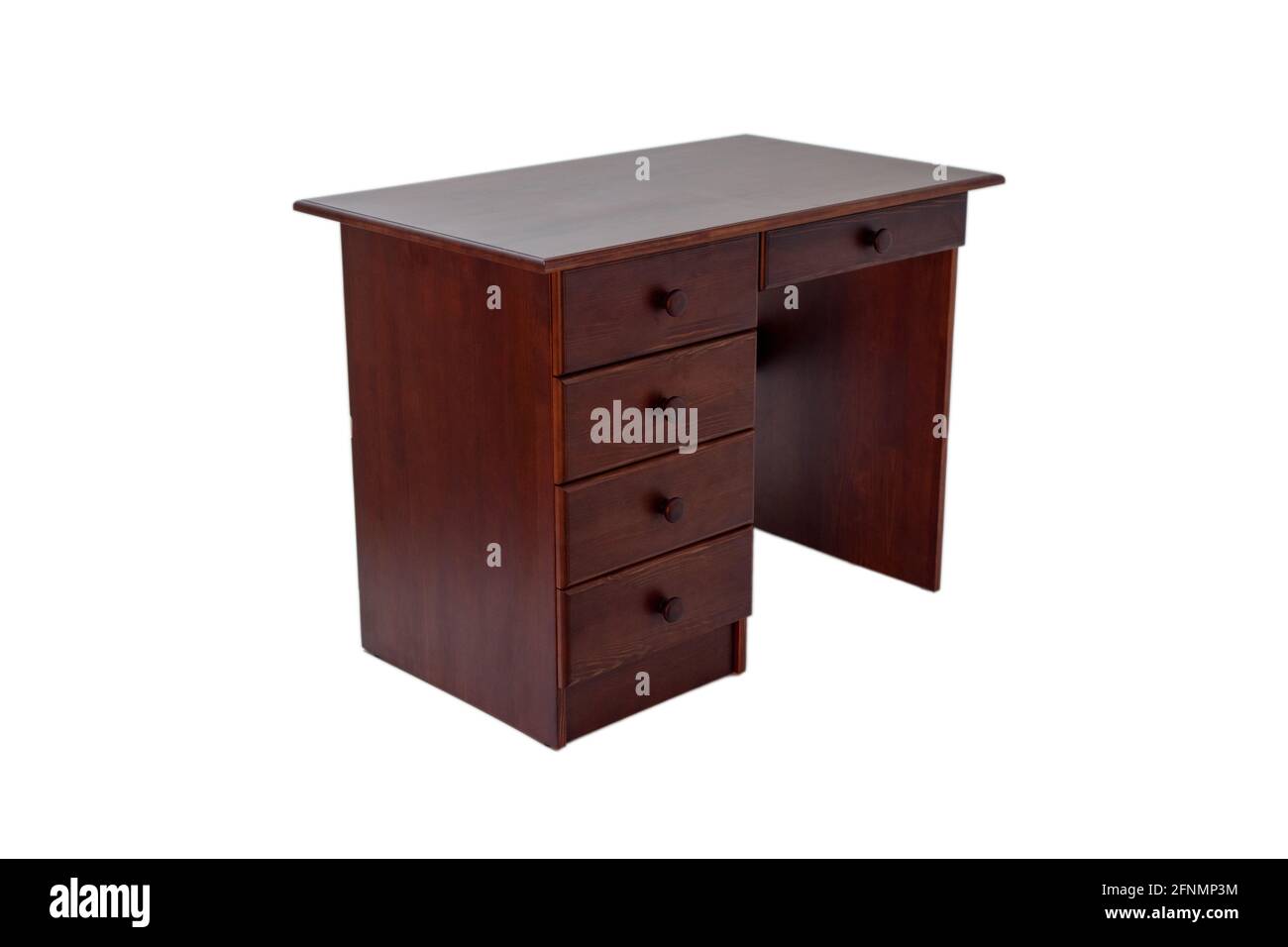 Classic brown desk with drawers, side view, isolated on a white ...