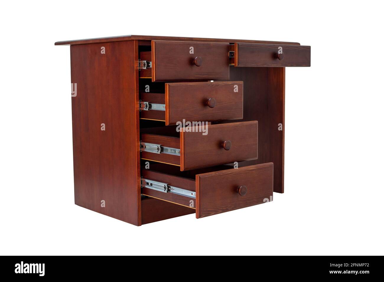 Classic brown desk with an open drawers, side view, isolated on a white ...