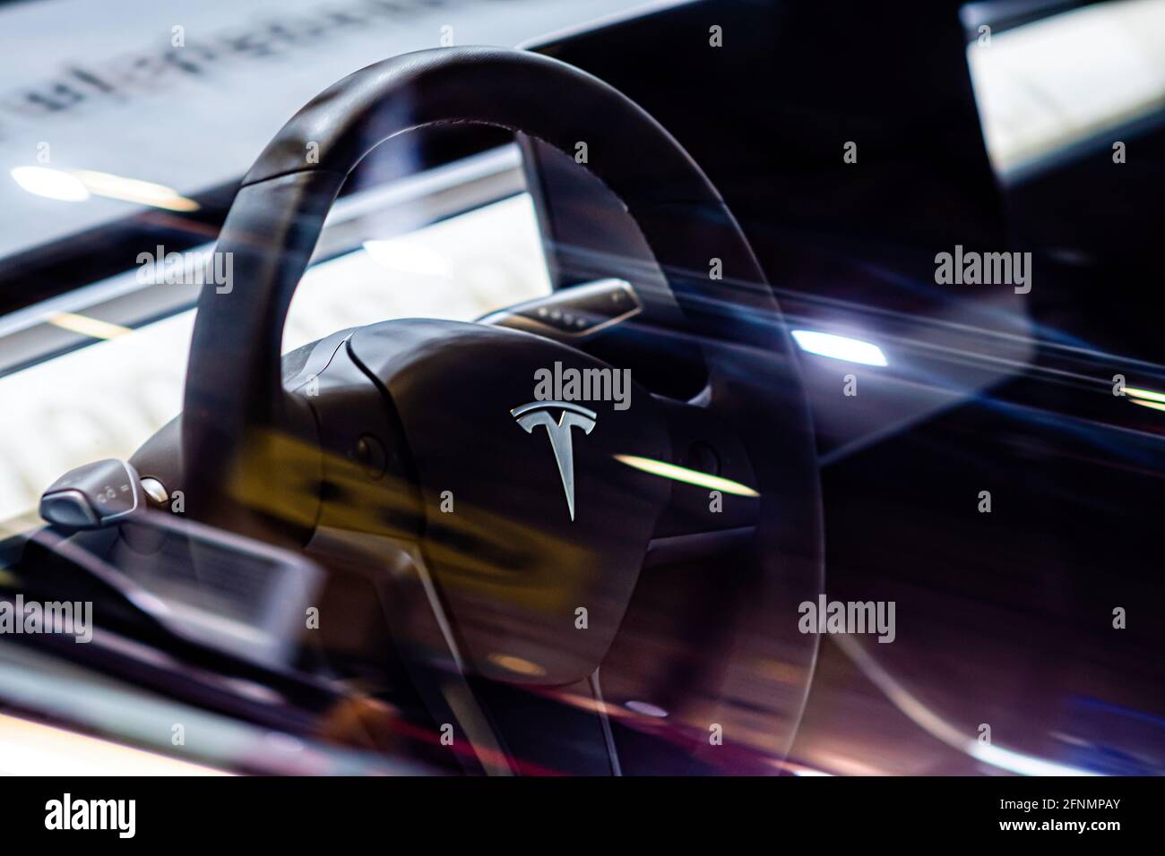 Riga, Latvia, September 25, 2020: Interior of electric vehicle Tesla ...