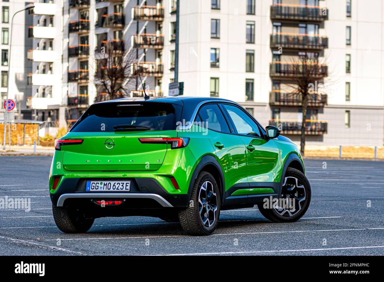 Riga, Latvia - 26 March, 2021: green electric vehicle Opel Mokka-e in ...