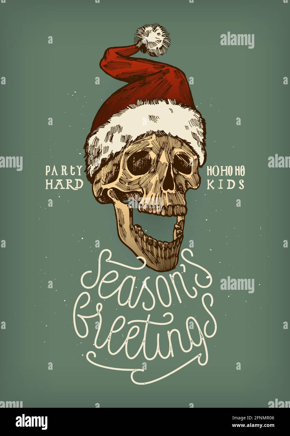 santa skull season's greetings vintage calligraphy card on warm blue ...