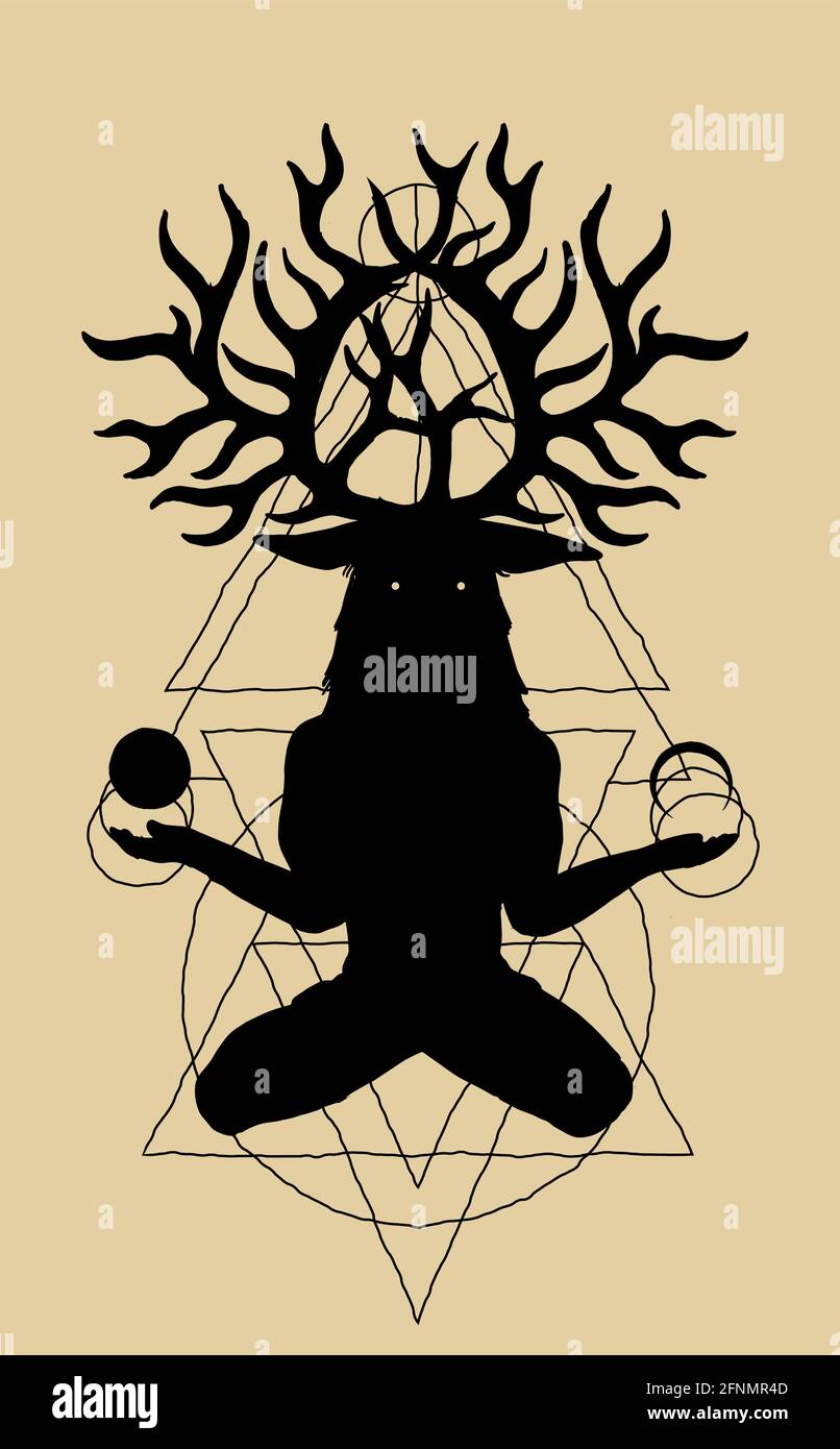 Deer god - person with a deer head and horns sitting in the lotus pose ...