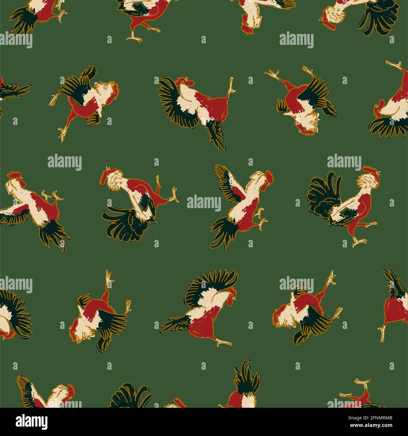Bright colored roosters jumping showing their wings on royal green ...