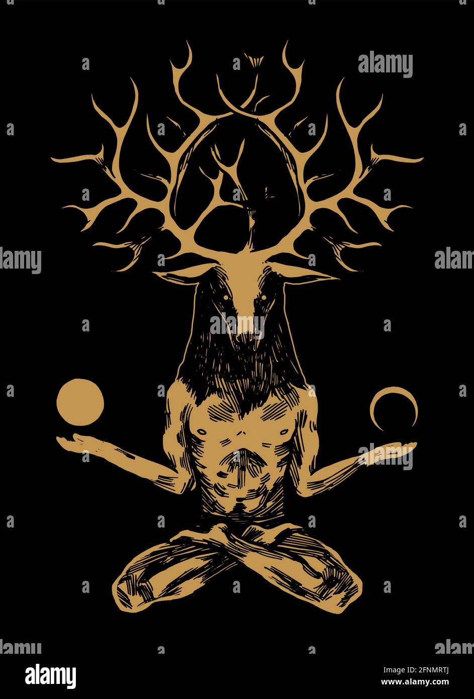 Deer god sitting in lotus pose with full moon and young one in his ...