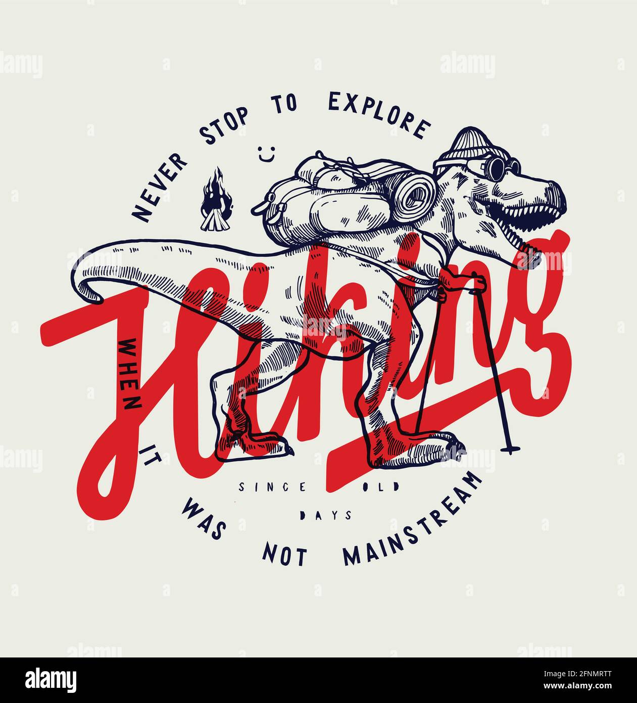 Hiking T-rex dino with a backpack typography t-shirt print. Dinosaur ...