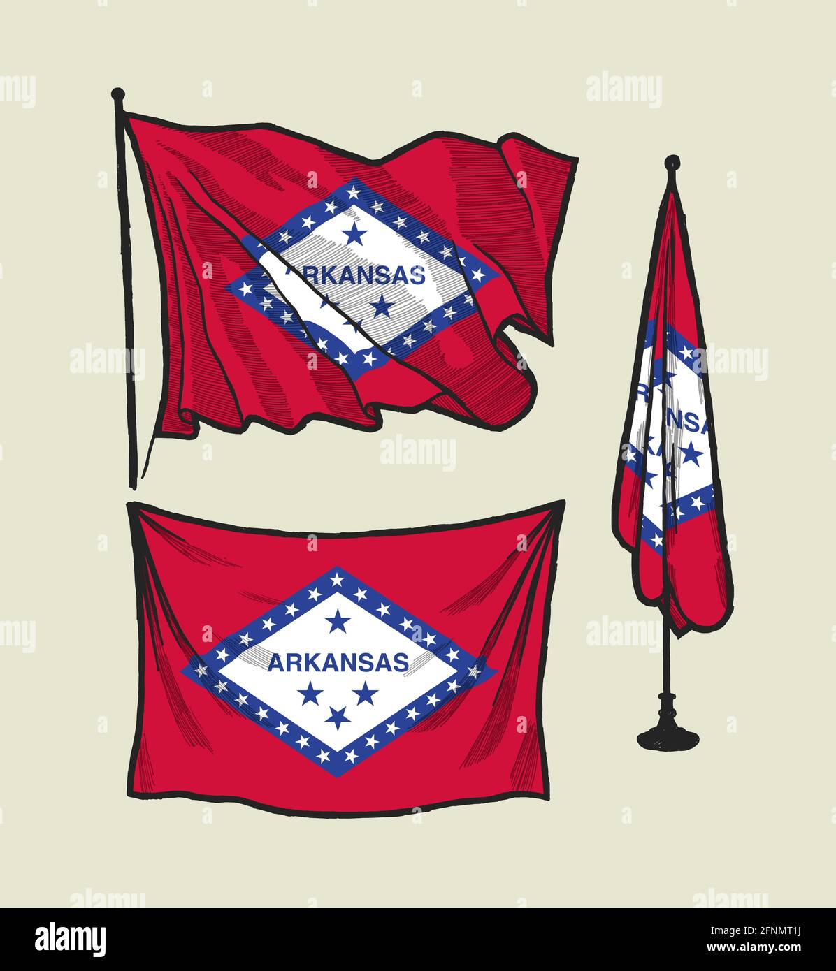 Flag of Arkansas on the wind and on the wall hand drawn illustration ...
