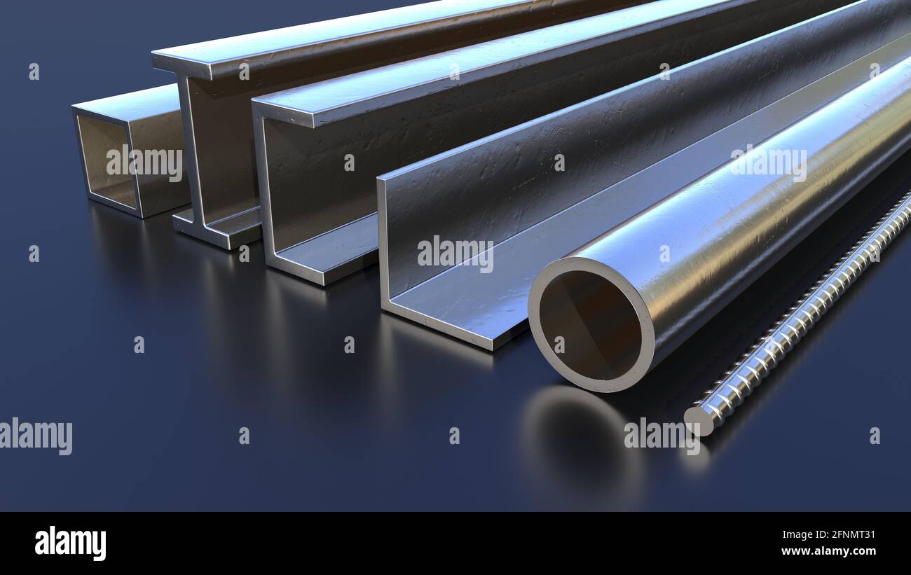 different metal profile on the floor, industrial 3D rendering Stock ...