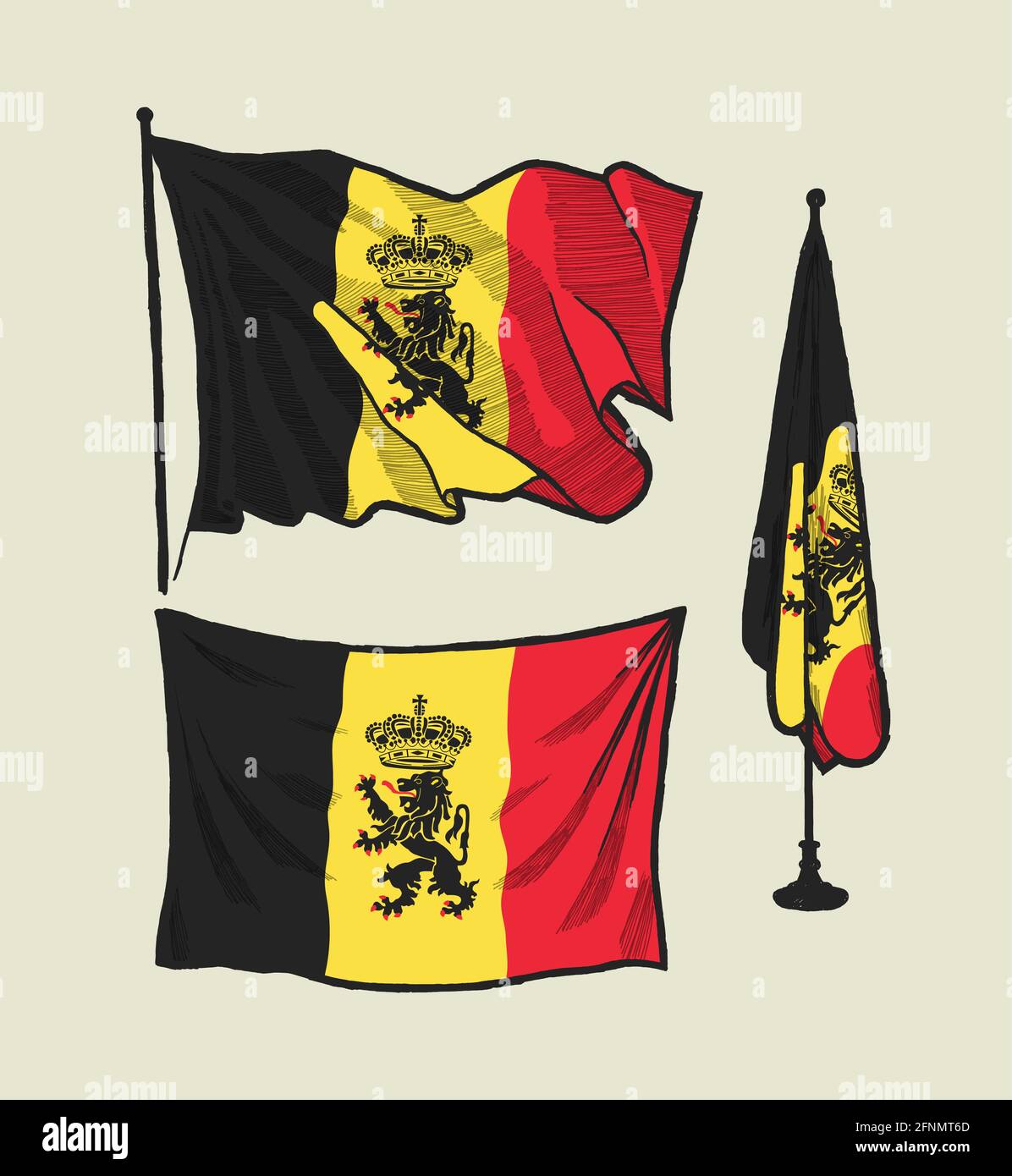 Flag of Belgium set drawing illustration - Belgium flag in the wind ...