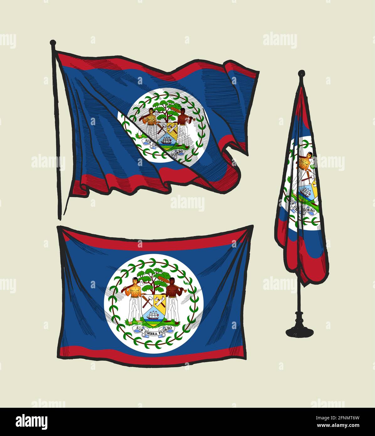 flag of Belize on the wind and on the wall hand drawn illustration set ...