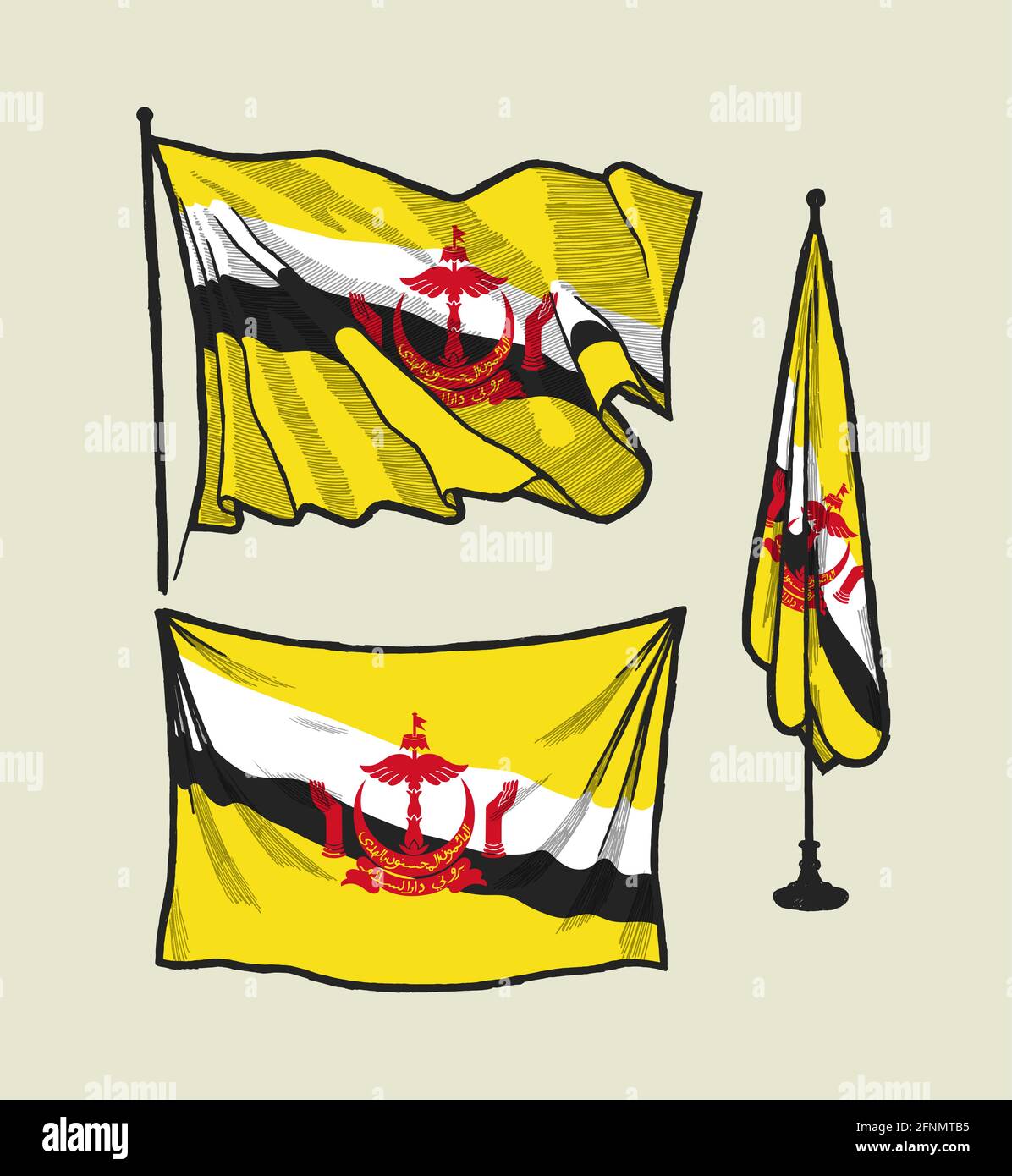 Flag of Brunei on the wind and on the wall vector drawing illustration ...