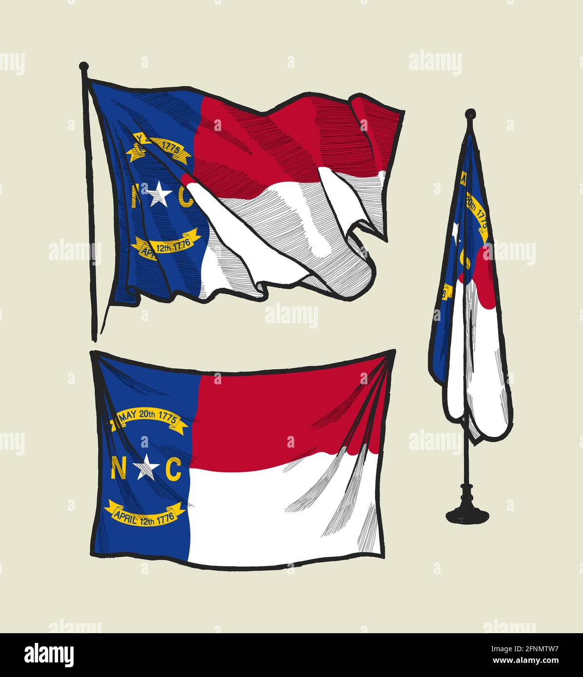 flag of North Carolina on the wind and on the wall hand drawn ...