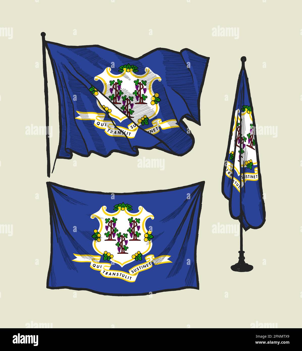 Flag of Connecticut on the wind and on the wall illustration set Stock ...