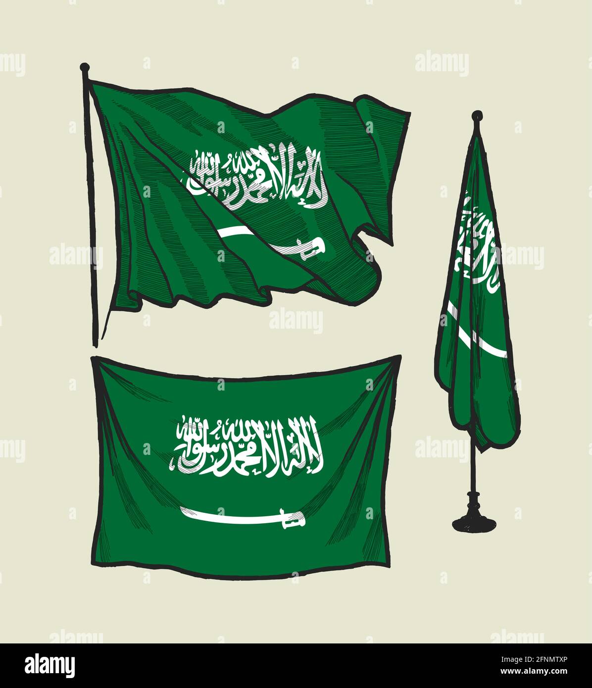 Saudi Arabia flag on the wind and on the wall hand drawn illustration ...