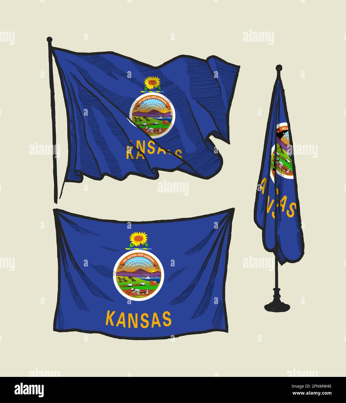 Kansas flag set - flag on the wind, flag on the wall and flag in the ...