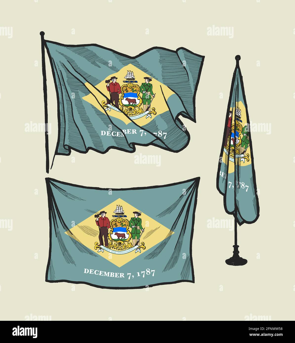 Flag of Delaware on the wind and on the wall illustration set Stock ...