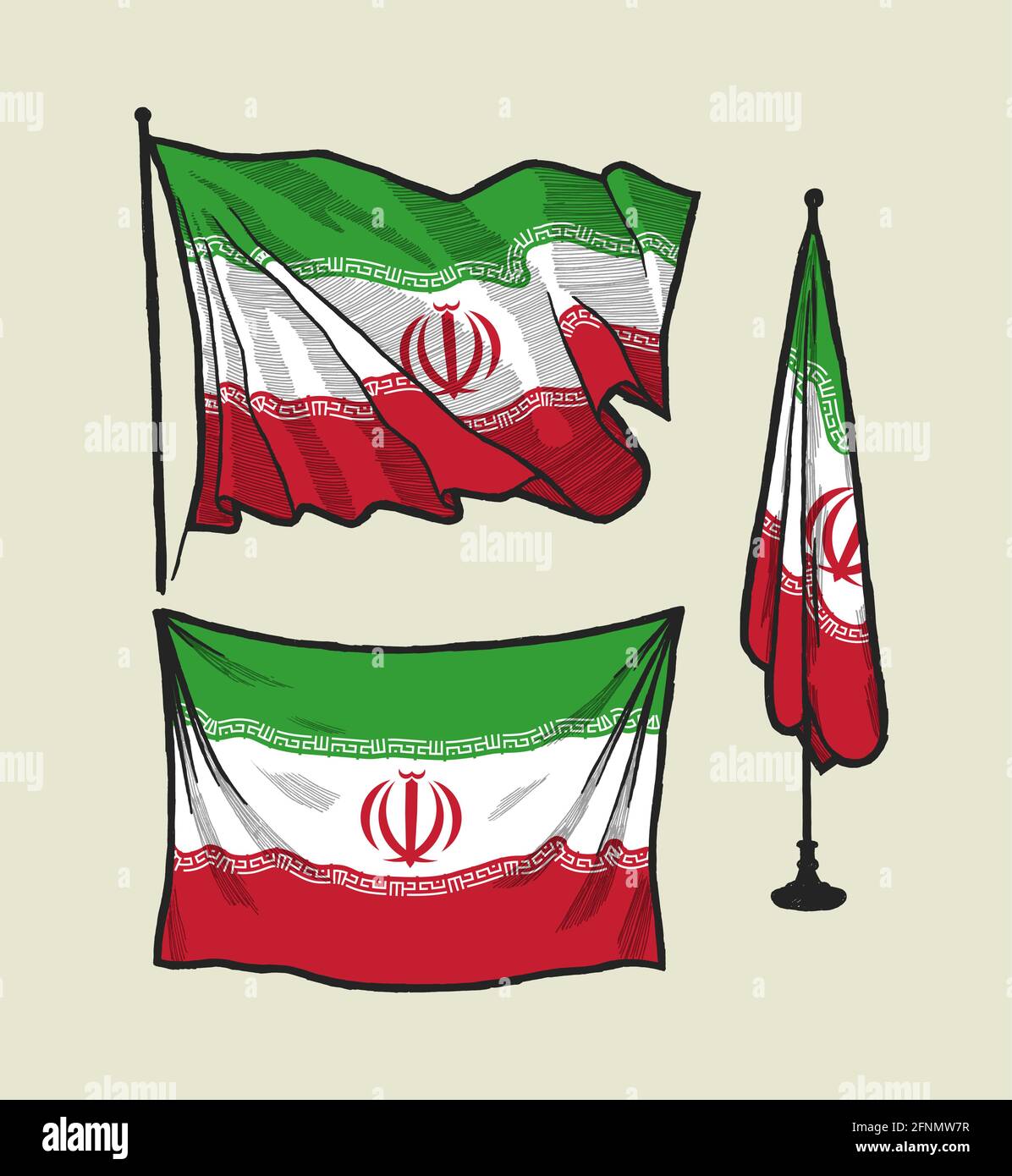 Flag of Iran on the wind and on the wall hand drawn vector illustration ...