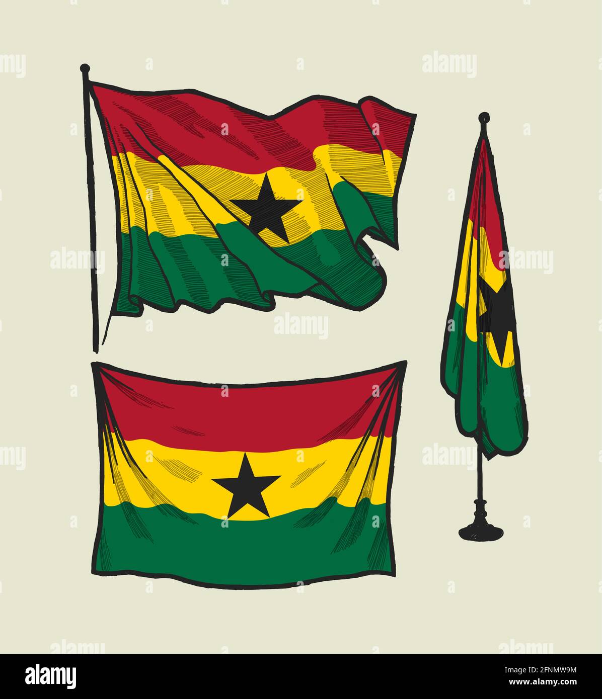 Flag of Ghana on the wind and on the wall - vector drawing illustration ...