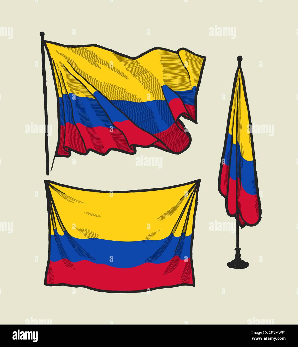 Flag of Columbia on the wind and on the wall - vector illustration set ...