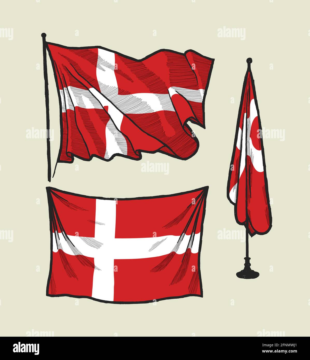 Flag of Denmark on the wind and on the wall - vector drawing ...