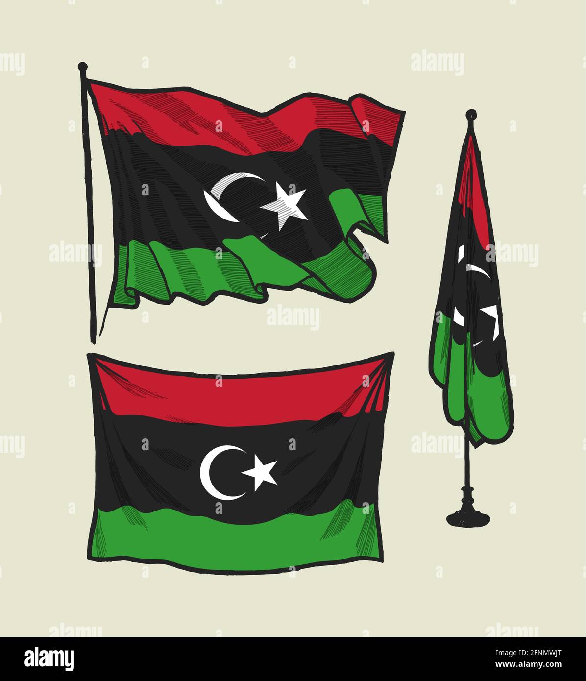 Flag of Libya on the wind vector illustration set. Flag hanging on the ...