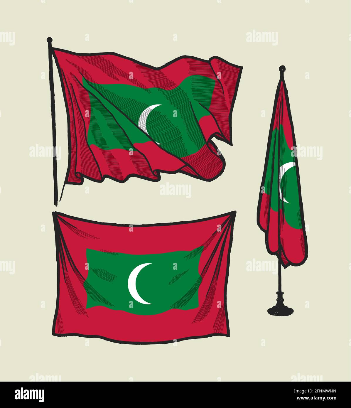 Flag of Maldives on the wind and on the wall hand drawn illustration ...