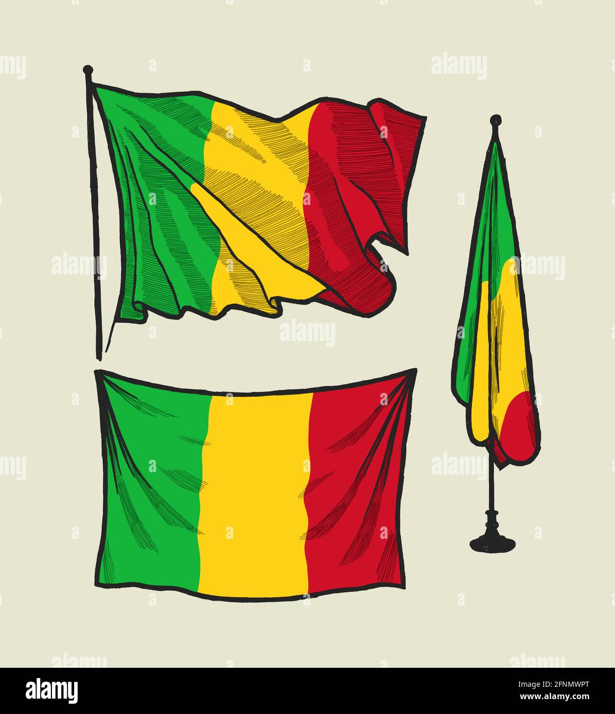 flag of Mali on the wind and on the wall illustration set Stock Vector ...