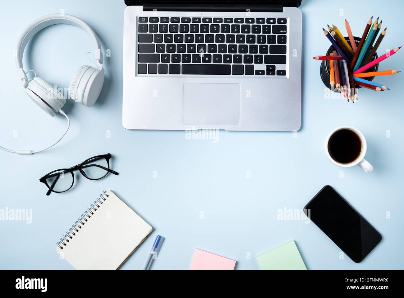 Online learning design concept. Top view of student table with computer ...