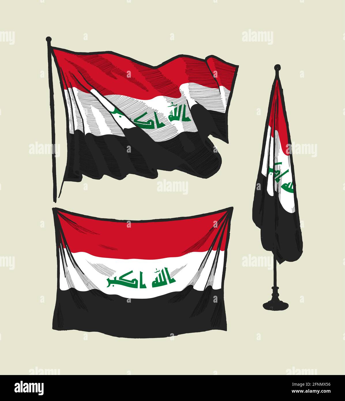 Flag of Iraq on the wind and on the wall hand drawn illustration set ...