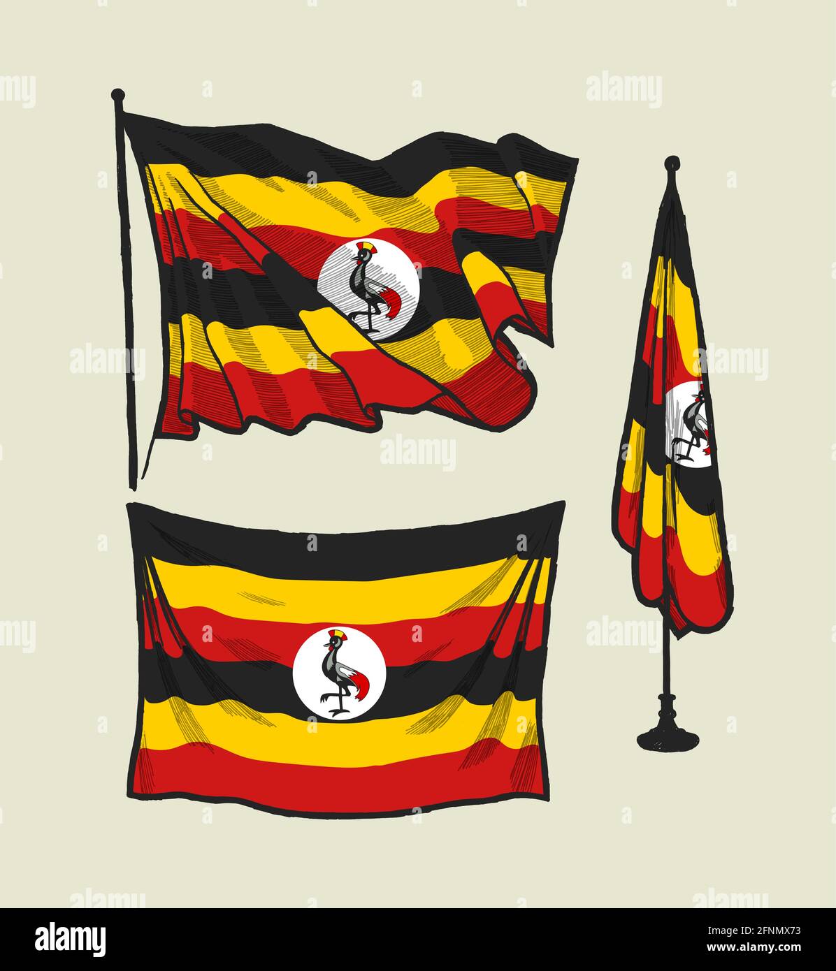Flag of Uganda on the wind and on the wall hand drawn illustration set ...
