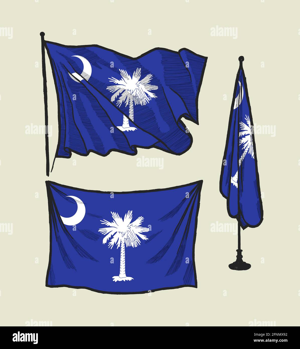 Flag of South Carolina on the wind and on the wall hand drawn vector ...