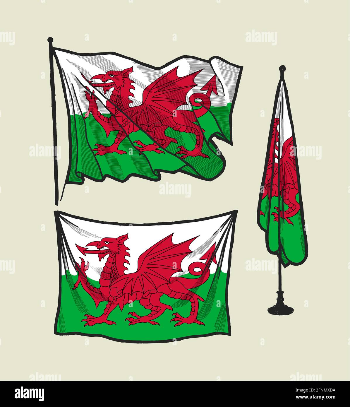 Flag of Wales on the wind and on the wall - drawing style vector ...