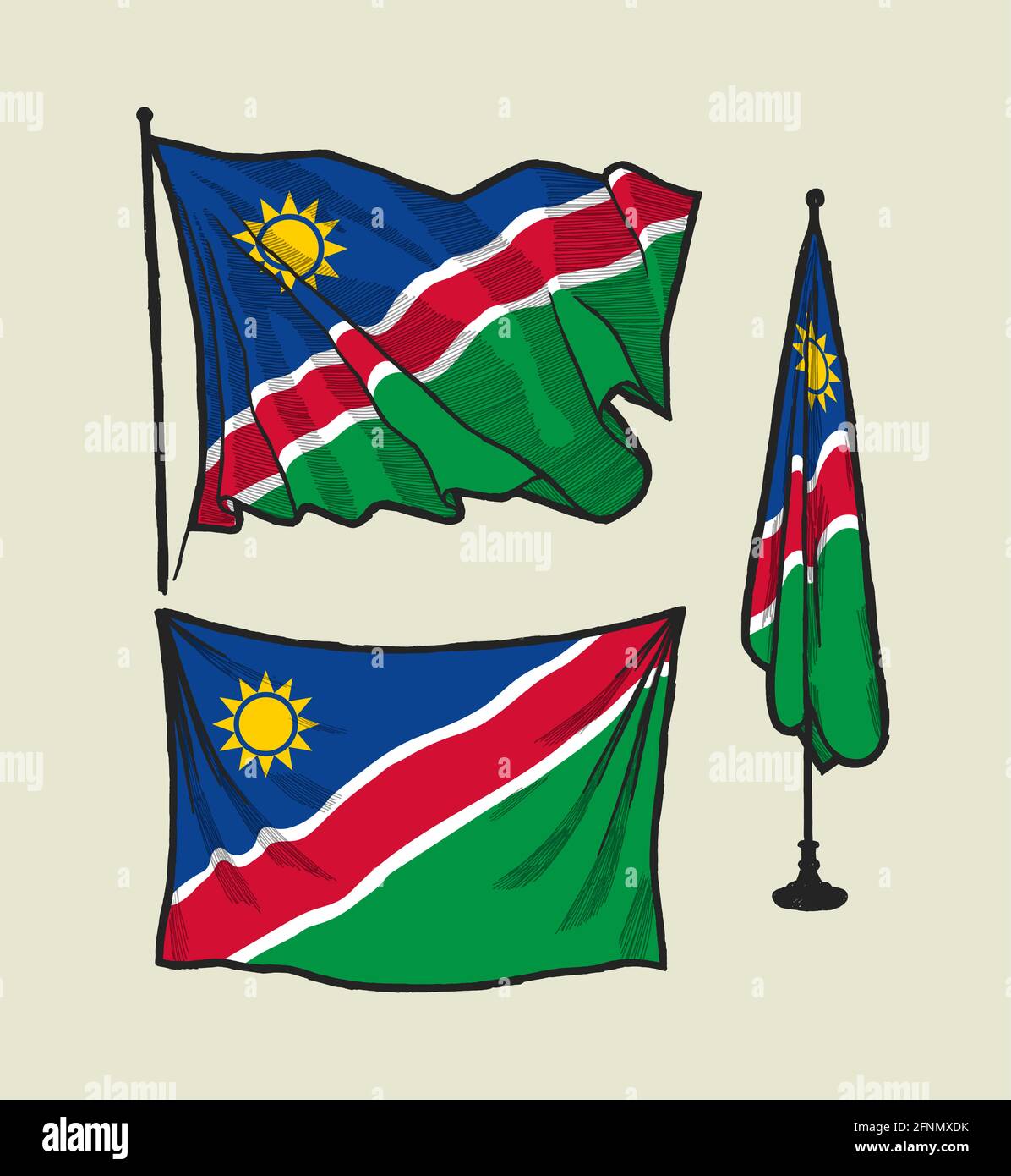 Flag of Namibia on the wind and on the wall hand drawn vector ...