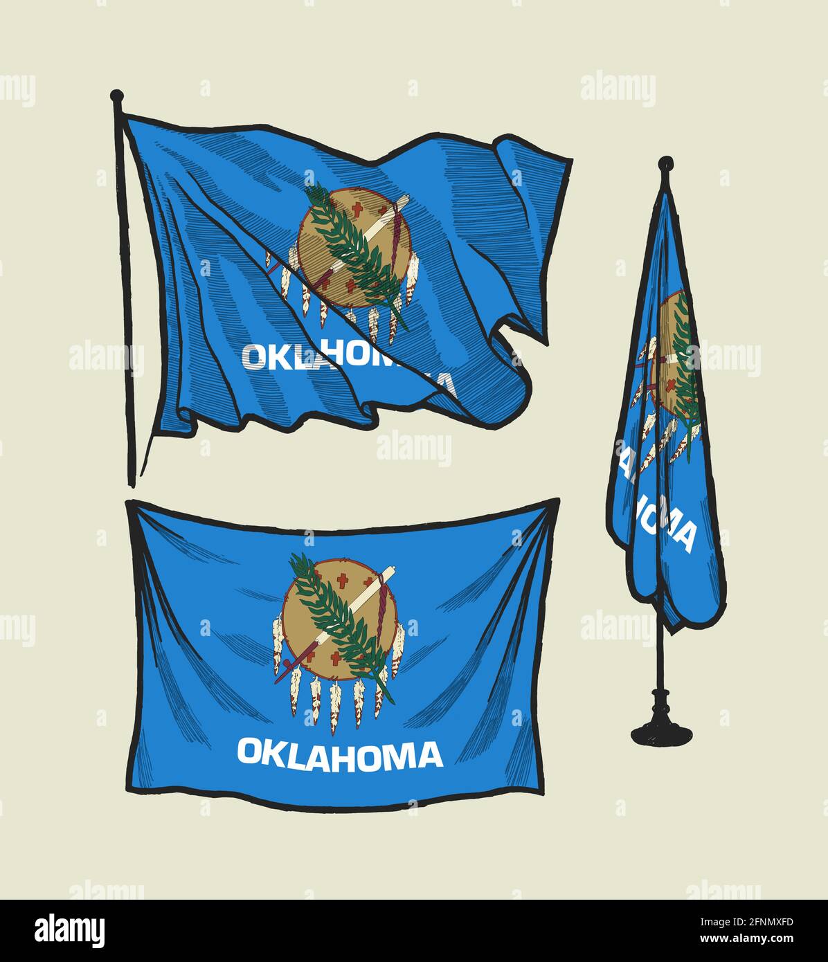 Flag of Oklahoma on the wind and on the wall hand drawn illustration ...