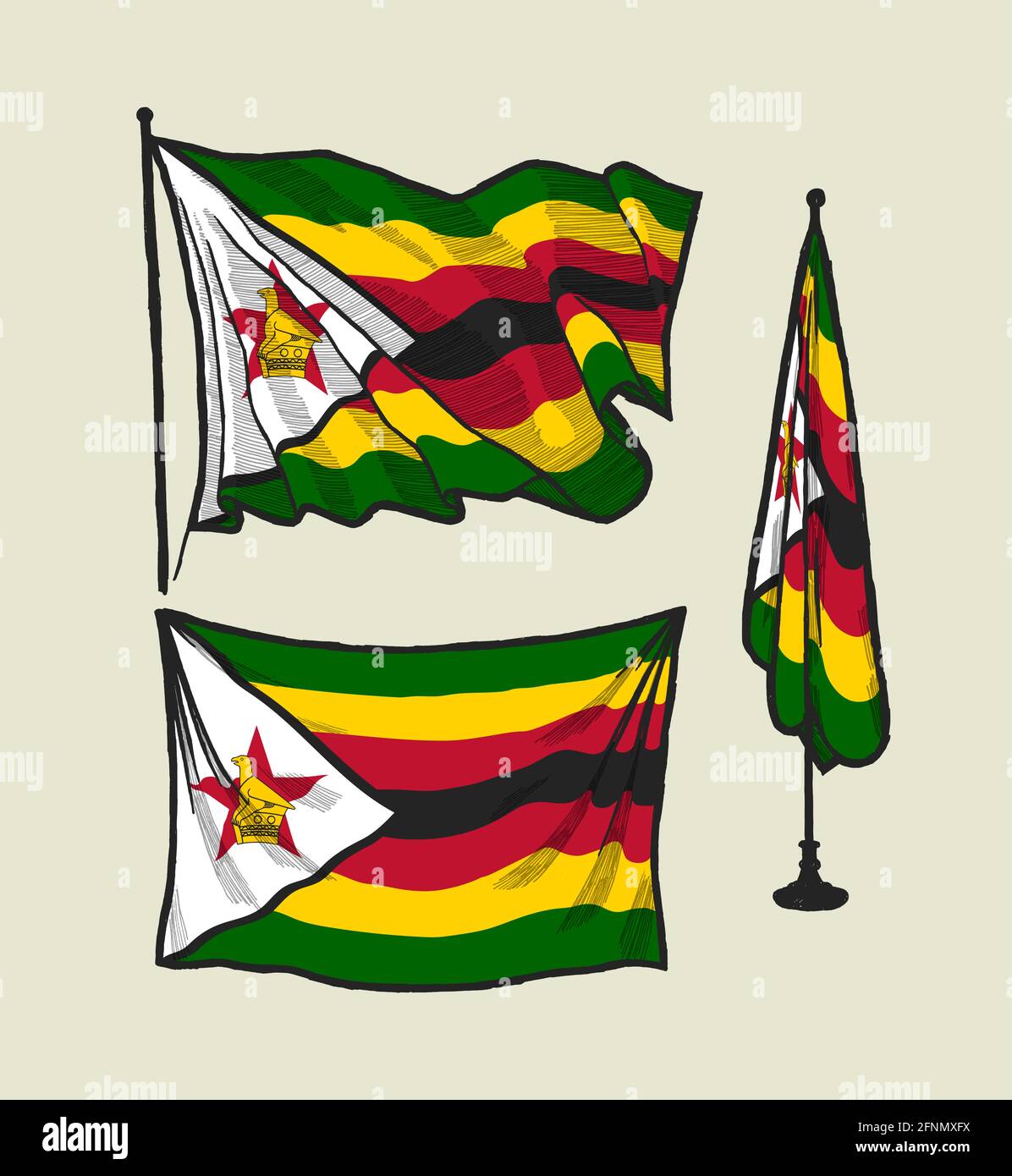 Flag of Zimbabwe on the wind and on the wall vector drawing ...