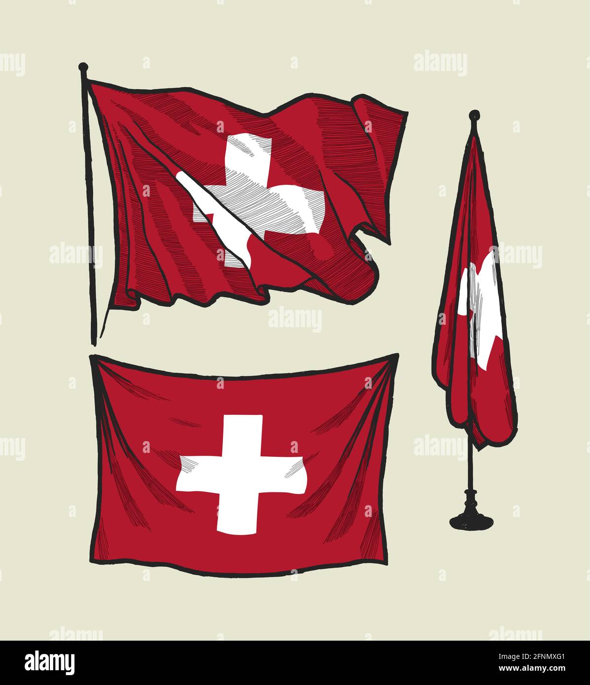 Switzerland flags set - illustration of flag on a wind and on the wall ...