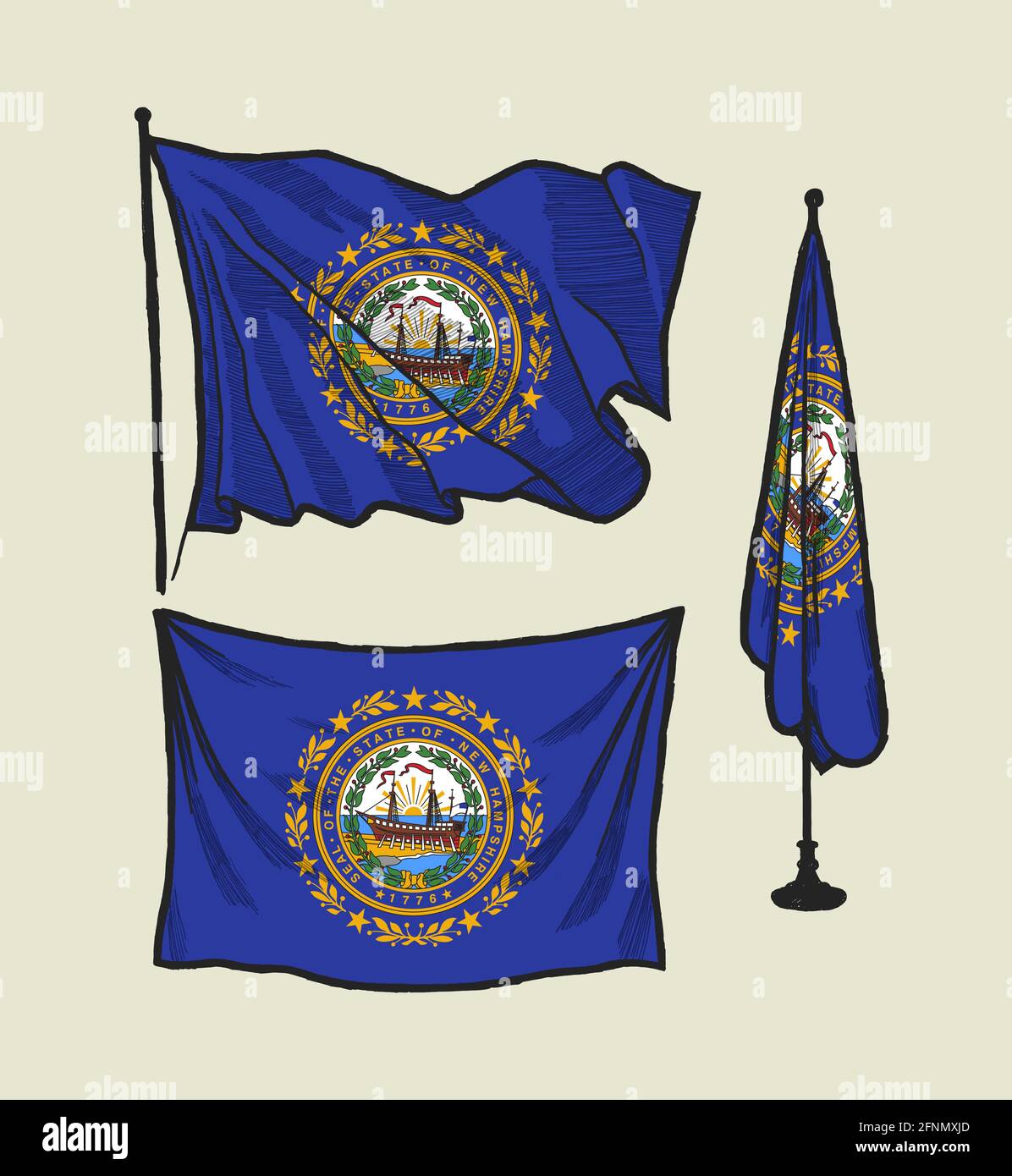 New Hampshire flag on the wind and on the wall vintage vector ...